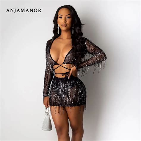 Anjamanor Sexy Fall 2 Piece Sets Womens Night Club Outfits Sequins