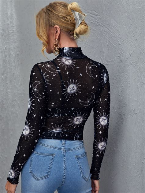 Lettuce Trim Galaxy Sheer Mesh Top Without Bra Negative Apparel