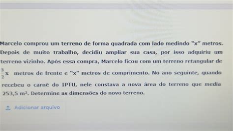 Solved Marcelo Comprou Um Terreno De Forma Quadrada Com Lado Medindo