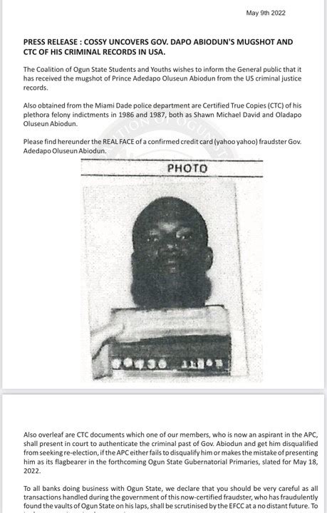 The Mugshot Picture Of Convicted Gov Dapo Abiodun And His Criminal Record