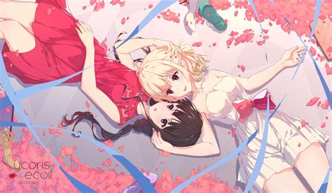 2girls Black Hair Blonde Hair Blush Bow Braids Dress Inoue Takina