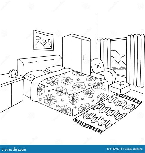 Hand Drawn Of Bedroom For Design Element And Adult Coloring Book Page