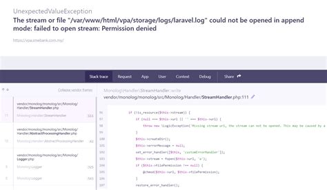 laravel the stream or file storage laravel log could not