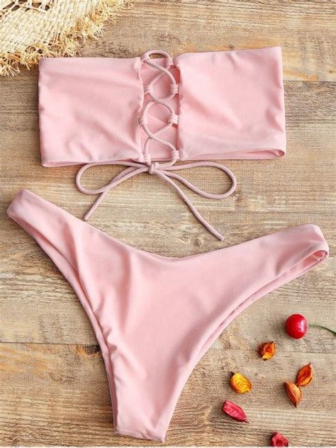 [30 Off] 2021 Zaful Unlined Back Lace Up Bandeau Bikini Set In Pink