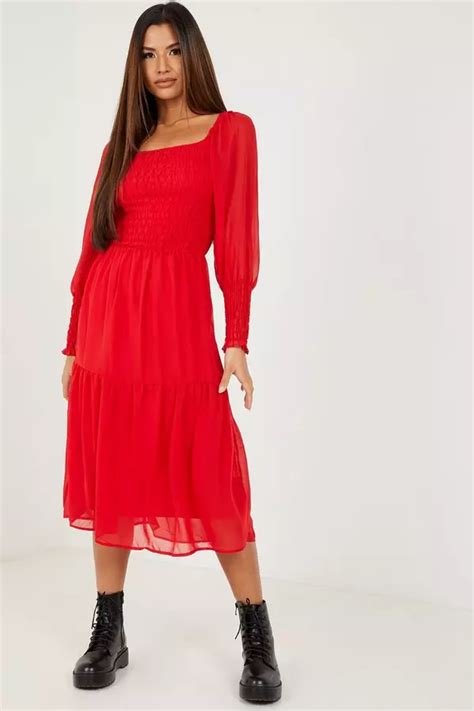 Red Chiffon Shirred Tiered Midi Dress Quiz Clothing