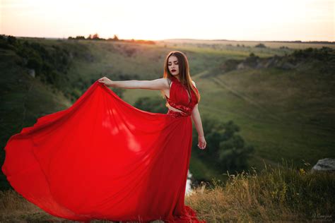Wallpaper Model Brunette Red Dress Women Outdoors Depth Of Field