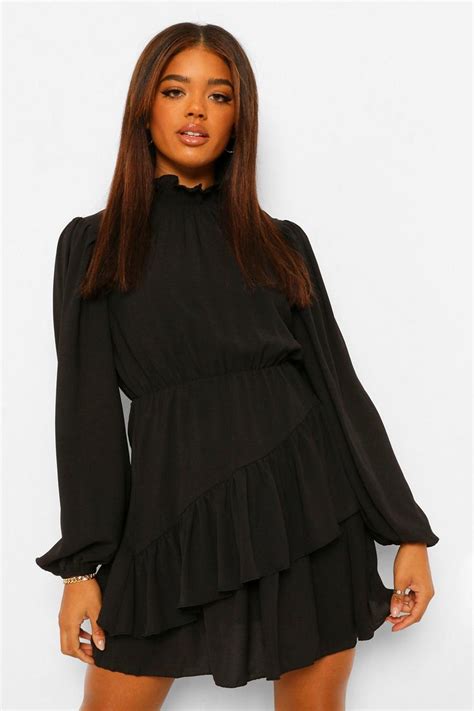 Shirred Neck Blouson Sleeve Skater Dress Boohoo
