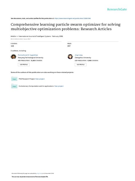comprehensive learning particle swarm optimizer for solving