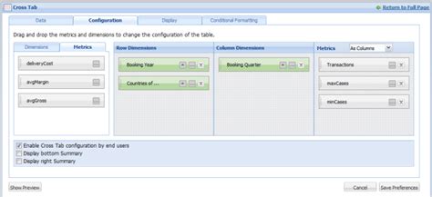 configuring the layout of the cross tab rows and columns