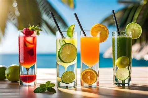 Premium Ai Image Cocktails On A Table With A Palm Tree In The Background