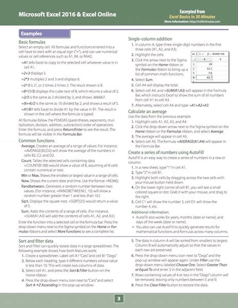 excel 2016 cheat sheet printed
