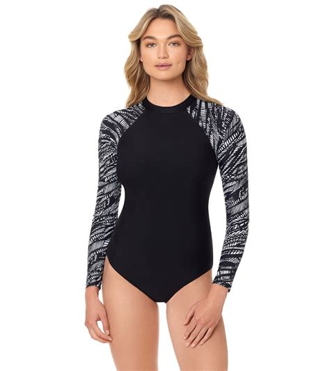 Sporti Active Solid Zip Front Long Sleeve One Piece Swimsuit At