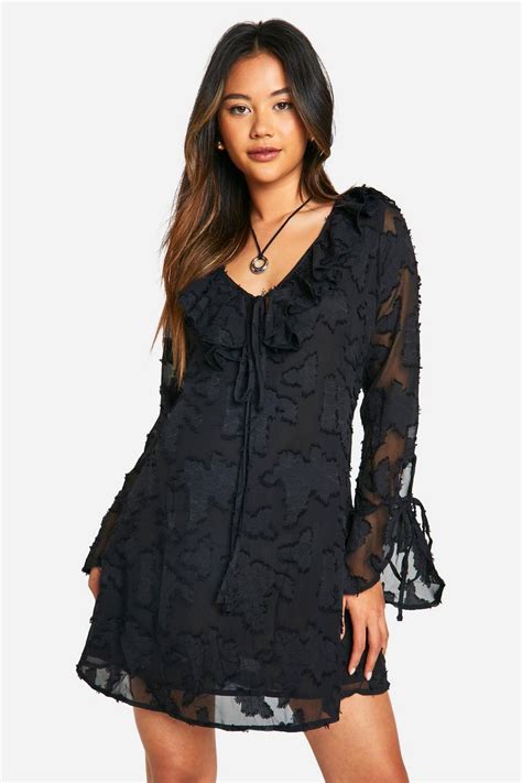 Textured Flare Sleeve Skater Boohoo Uk