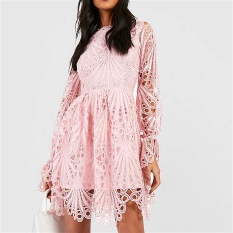 Boohoo Dresses Nwt Boohoo Pink High Neck Flared Sleeve Lace Skater