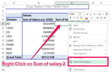 multiple pivot table value field settings excel