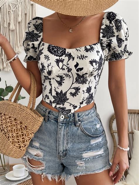 Shein Privé Blusa Con Estampado Floral De Cuello Cuadrado De Manga