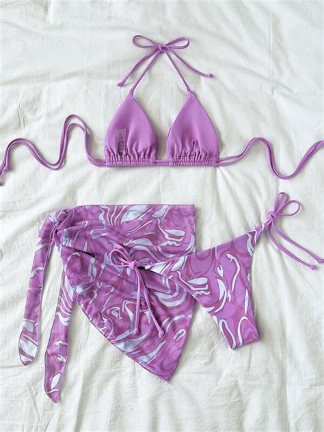 Shein Shein Swim Vcay Marble Print Mesh Bikini Set Halter Triangle Bra
