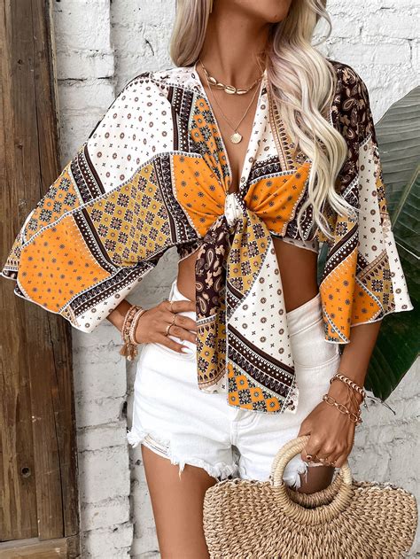 Shein Vcay Paisley Scarf Print Tie Front Crop Top Shein Uk