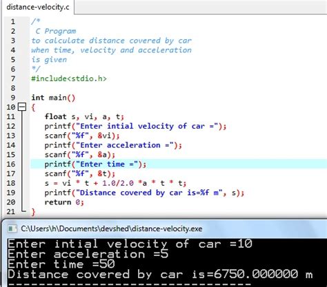 c program compute distance covered by car