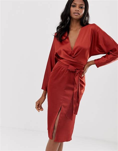 Asos Design Midi Dress With Batwing Sleeve And Wrap Waist In Satin Asos