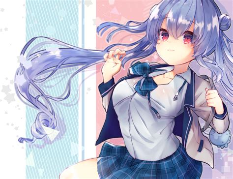 Safebooru 1girl Bangs Beniko Ymdbnk Blazer Blue Hair Blue Skirt