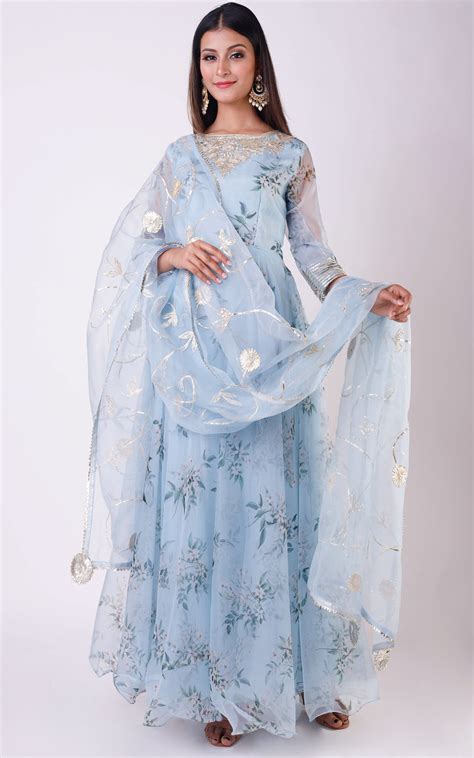 Powder Blue Printed Organza Anarkali With Gota Work Labelkanupriya
