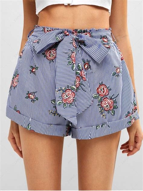 [17 Off] 2021 Belted High Waisted Floral Striped Shorts In Multi Zaful