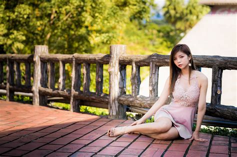 4k Asian Sitting Legs Dress Hands Glance Brown Haired Hd