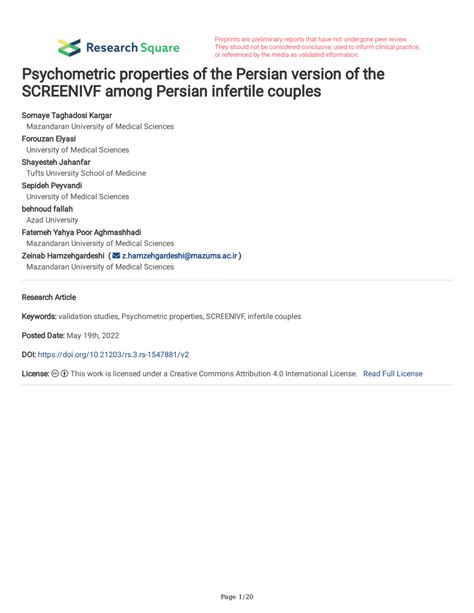 Pdf Psychometric Properties Of The Persian Version Of The Screenivf