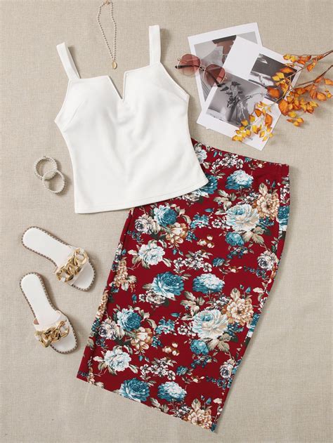 Shein Privé Notched Neck Cami Top And Floral Print Skirt Set Shein Usa
