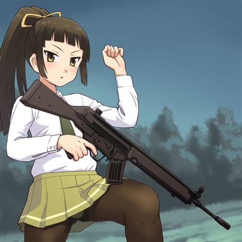 Safebooru 1girl Assault Rifle Black Legwear Brown Eyes Brown Hair Gun