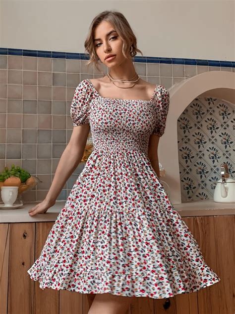 Shein Vcay Ditsy Floral Shirred Milkmaid Dress Shein Uk
