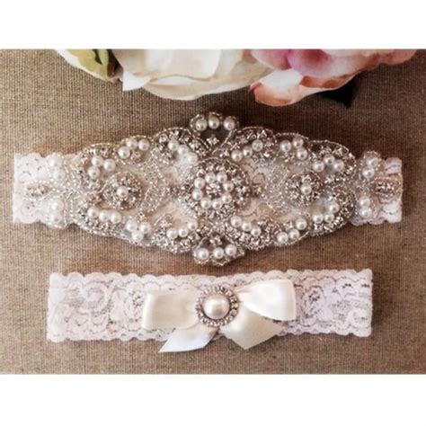 Wedding Bridal Garter Set White Lace Crystal Rhinestone Ribbon Bow