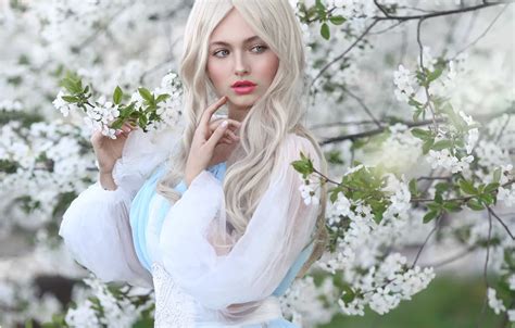 Wallpaper Look Girl Branches Nature Cherry Spring Makeup Dress