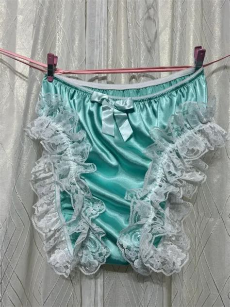 Vtg M L Granny Panties Sissy Shiny Nylon Wide Gusset Lace Rich Mint