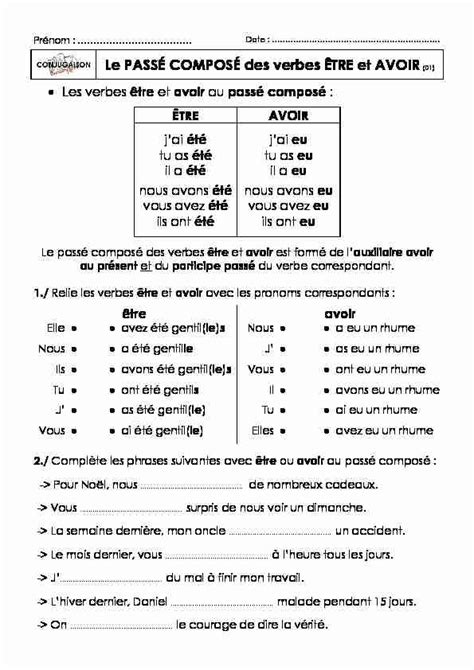 Le PassÉ ComposÉ Des Verbes Être Et Avoir 01 Pdf