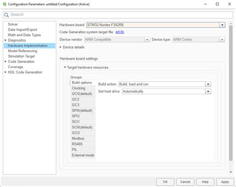 model configuration simulink coder support package for