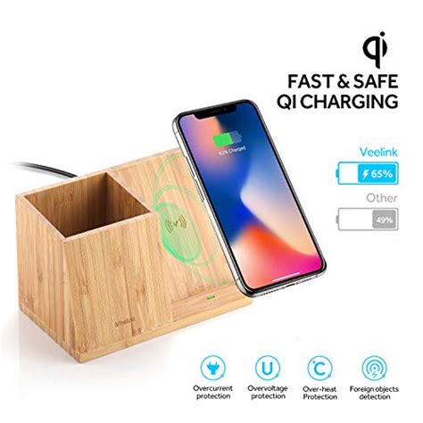 Veelink Bamboo Wireless Charger With Organizer Wood Wireless Charging