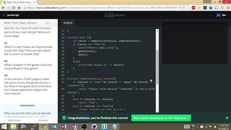 codecademy build rock paper scissors bonus exercises youtube