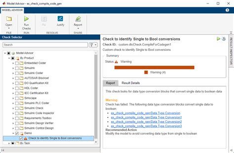 define the compile option for custom model advisor checks matlab