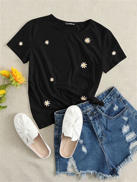Shein Ezwear Floral Embroidered Tee Shein Uk