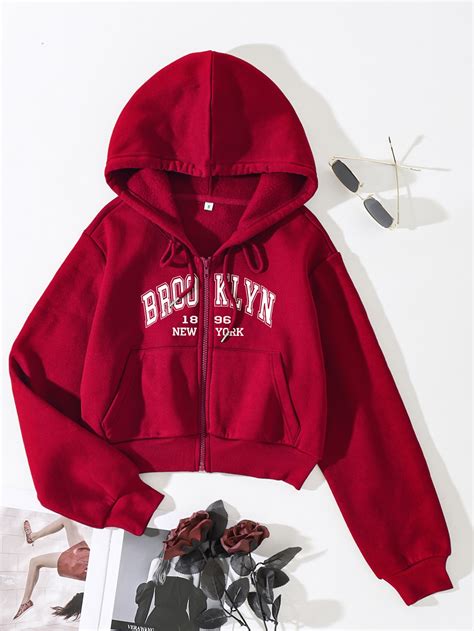 Letter Graphic Zip Up Thermal Lined Drawstring Hoodie Shein Usa