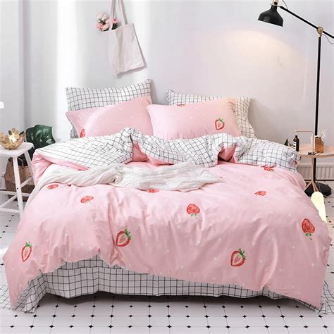 Pink Cute Strawberry Duvet Cover Set 100 Cotton Brief Plaid Bed Sheet