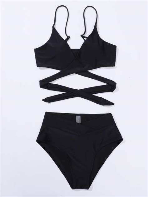 Shein Swim Basics Solid Bikini Set Crisscross Tie Back Bra And Overlap