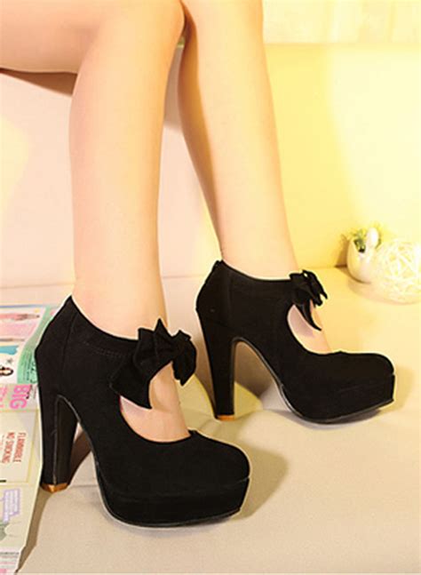 Bowknot Faux Suede Black Platform Heels On Luulla