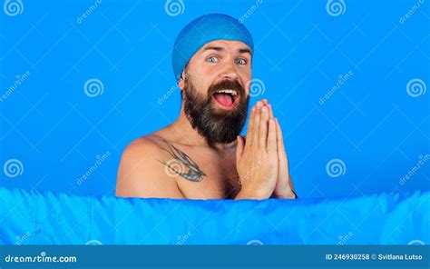 Happy Bearded Man Take Shower Handsome Male In Bath Hat Relaxes Time