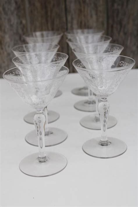 1920s Vintage Fostoria Wildflower Etched Crystal Cocktail Glasses Set Of 8