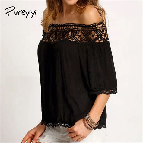 Pureyiyi 2017 Blouse Sexy Off Shoulder Top Elegant Hollow Lace