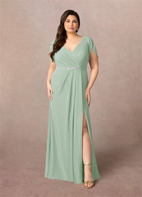 Azazie Marianne Agave Sheath V Neck Pleated Chiffon Dress Mother Of The