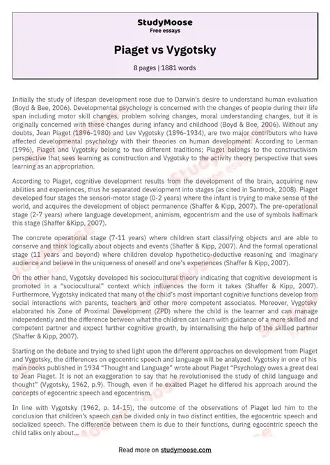 Piaget Vs Vygotsky Free Comparison Essay Example Compare And